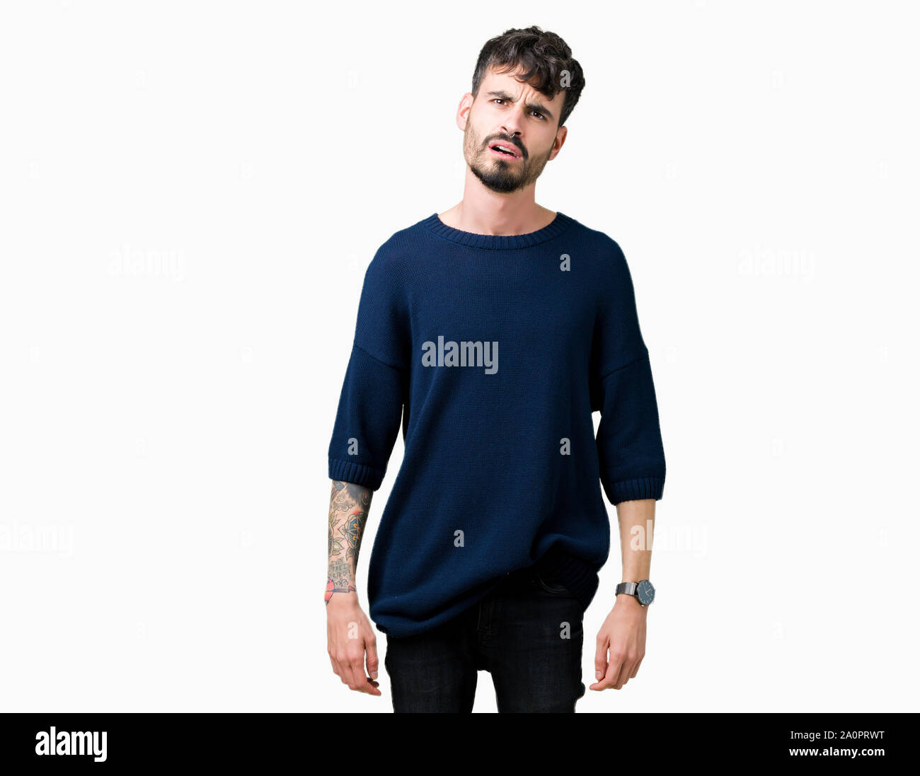 Young handsome man over isolated background In shock face, looking ...