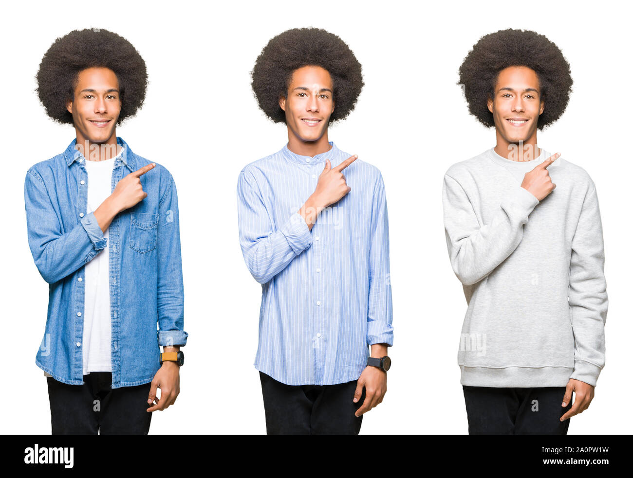 Collage of young man with afro hair over white isolated background ...