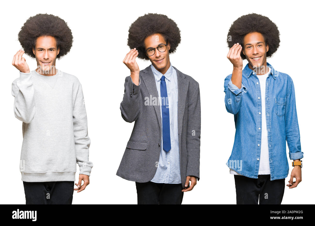 Collage of young man with afro hair over white isolated background ...
