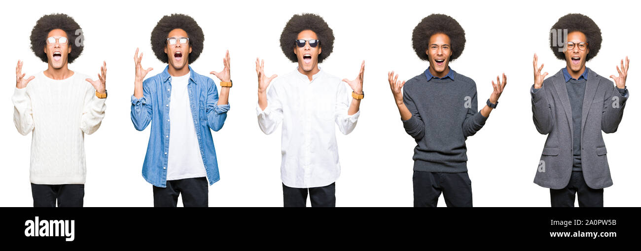Collage of young man with afro hair over white isolated background ...