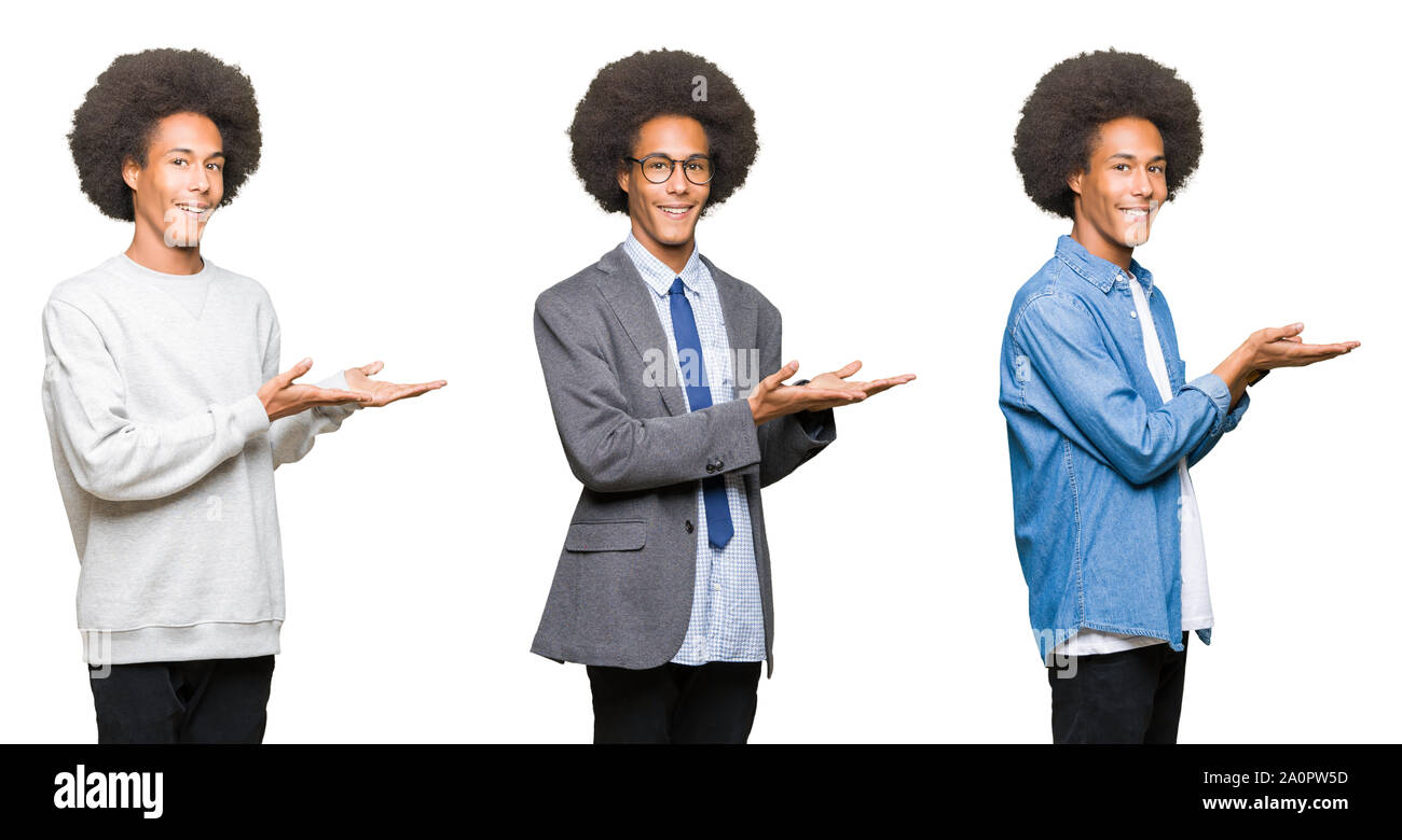 Collage of young man with afro hair over white isolated background ...