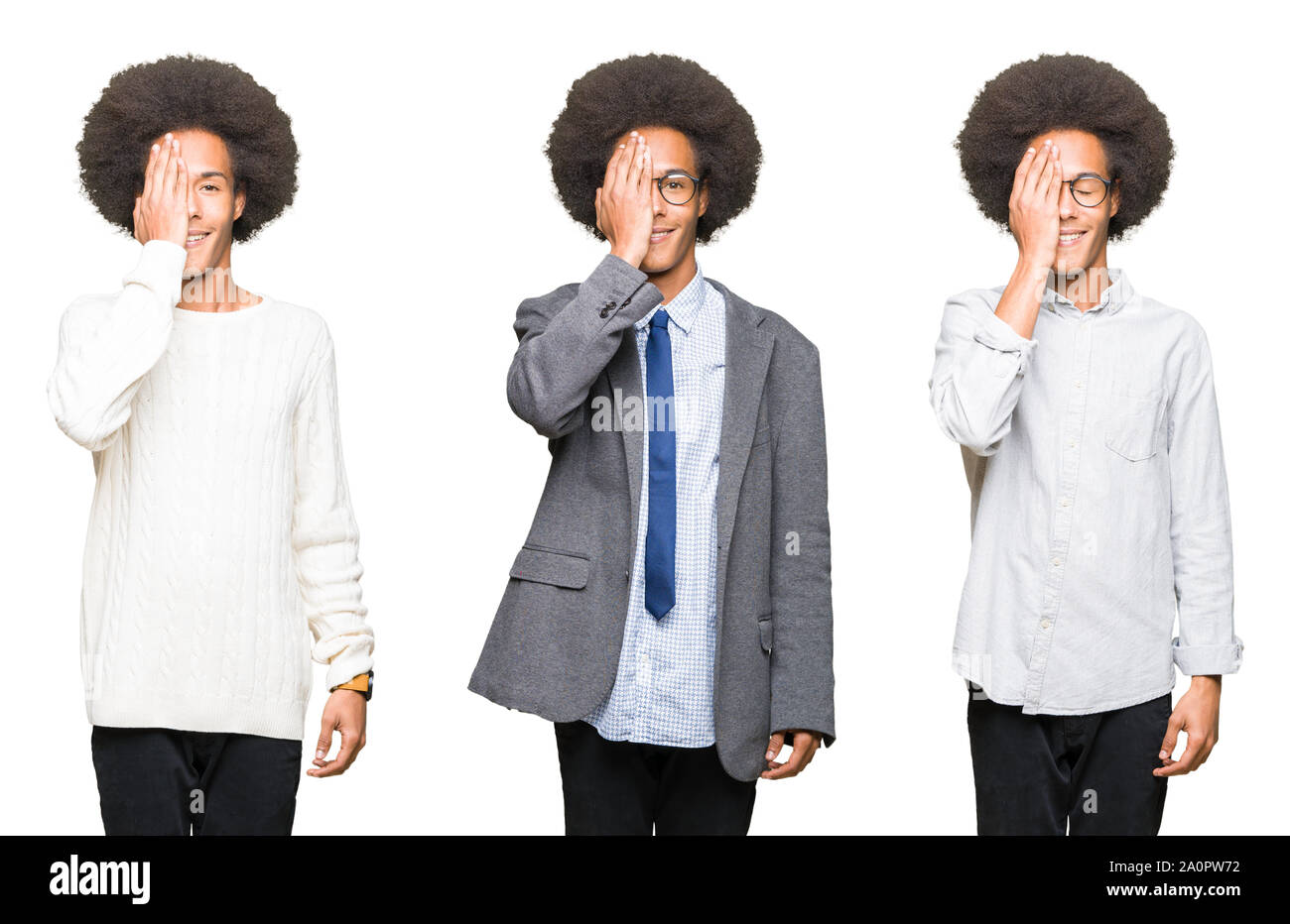 Collage of young man with afro hair over white isolated background ...
