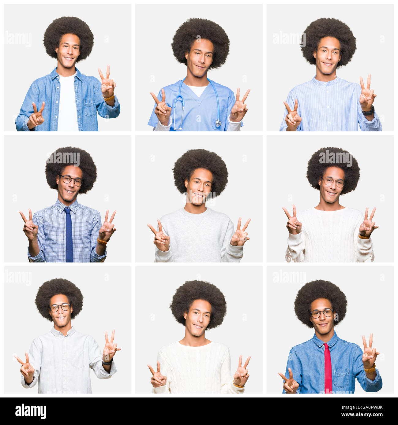 Collage of young man with afro hair over white isolated background ...