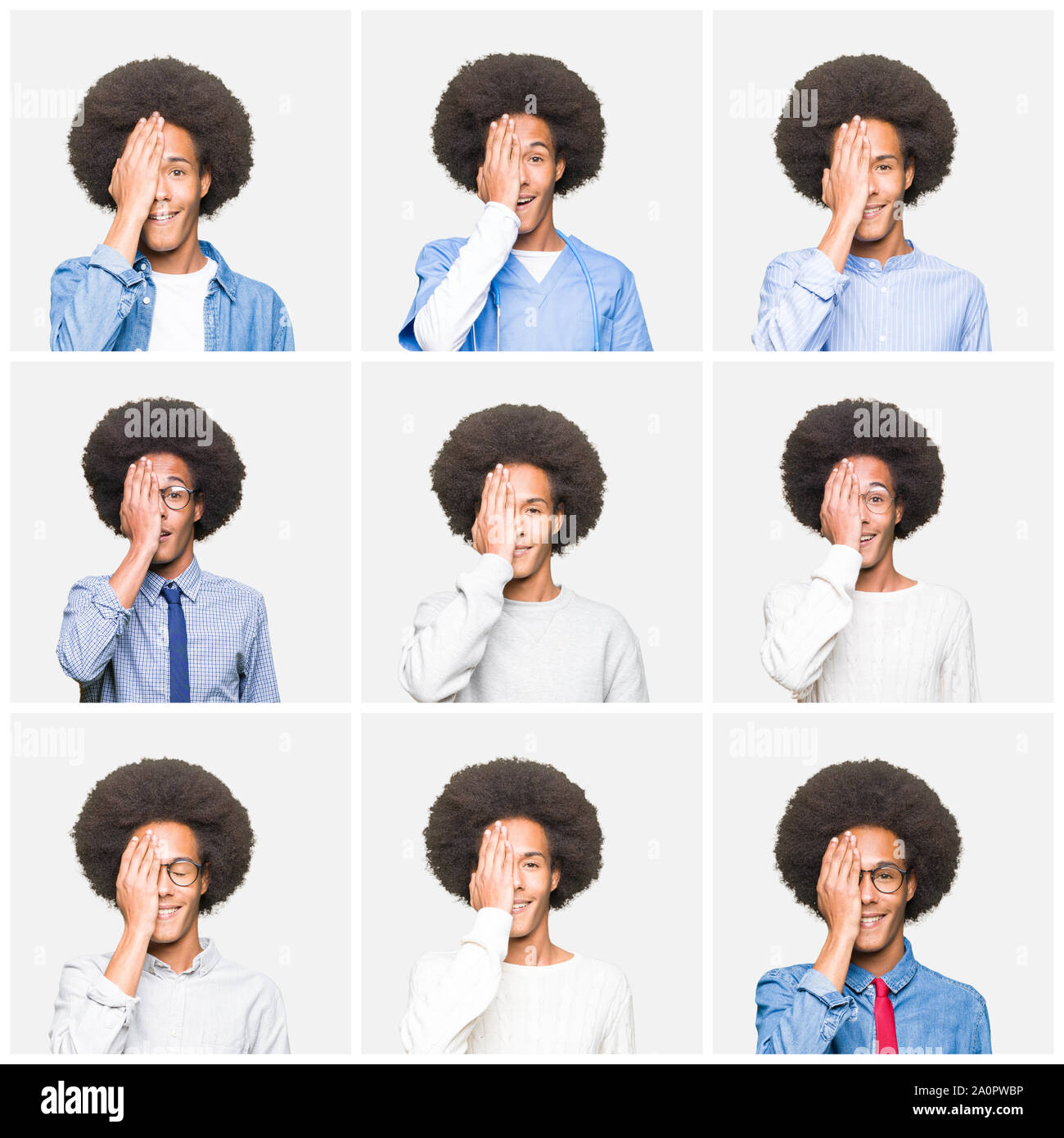 Collage of young man with afro hair over white isolated background ...