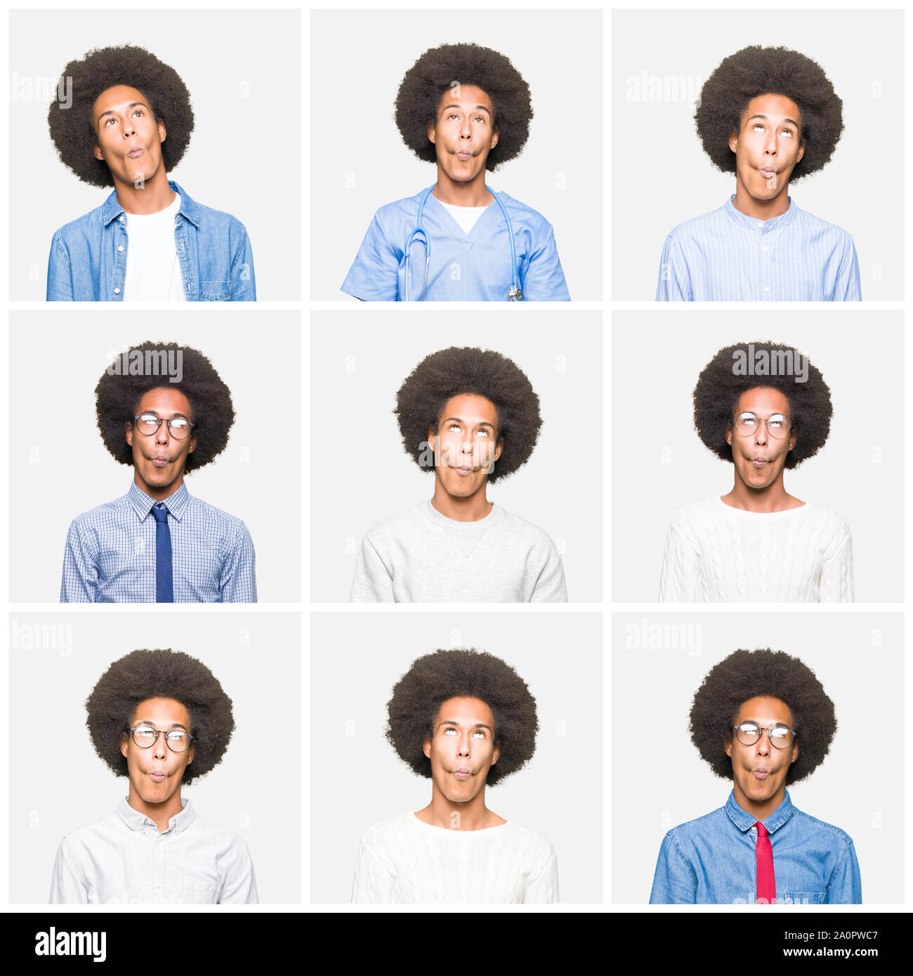 Collage of young man with afro hair over white isolated background ...