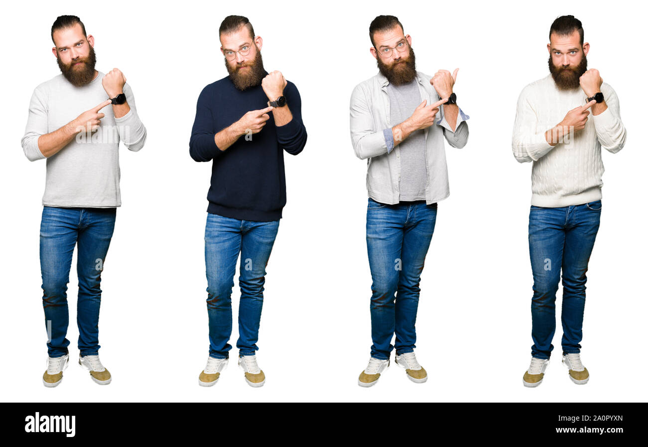 Collage of young man with bun over white isolated background In hurry ...
