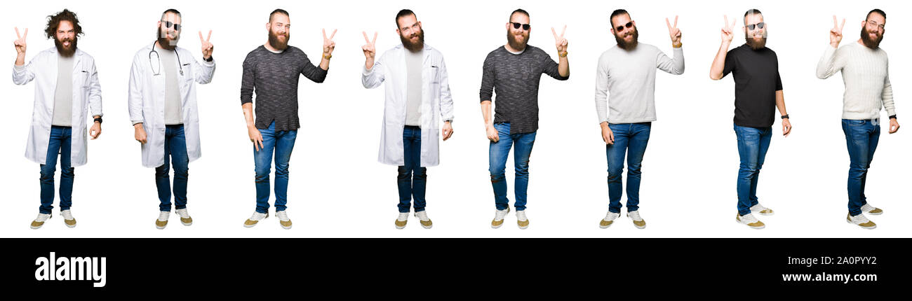 Collage of young man with bun over white isolated background smiling ...