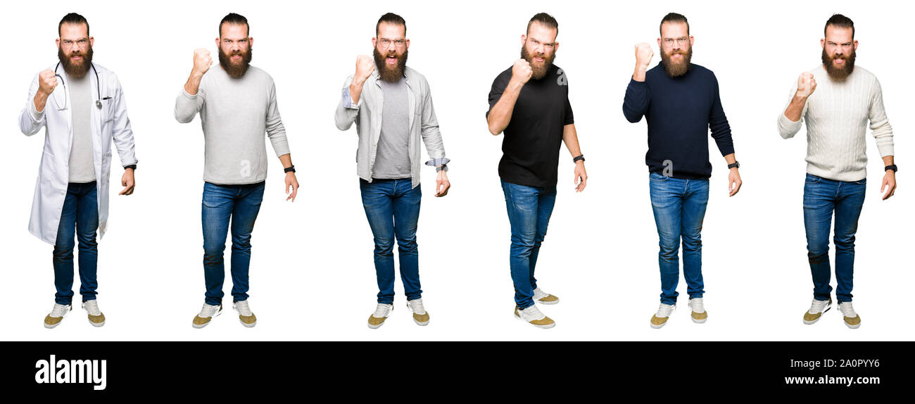 Collage of young man with bun over white isolated background angry and ...