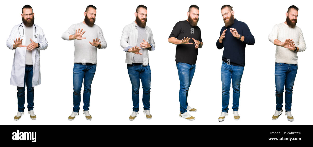 Collage of young man with bun over white isolated background disgusted ...