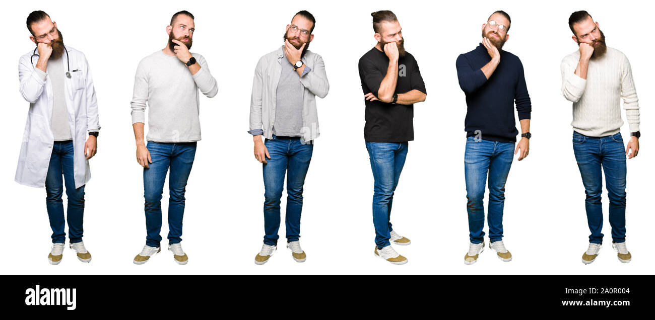 Collage of young man with bun over white isolated background thinking ...