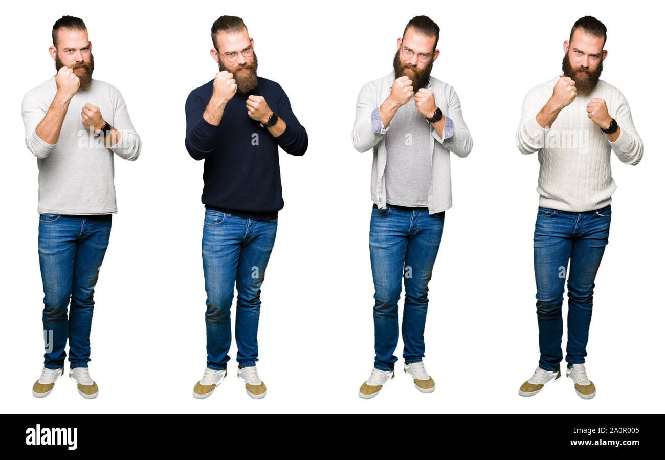 Collage of young man with bun over white isolated background Ready to ...