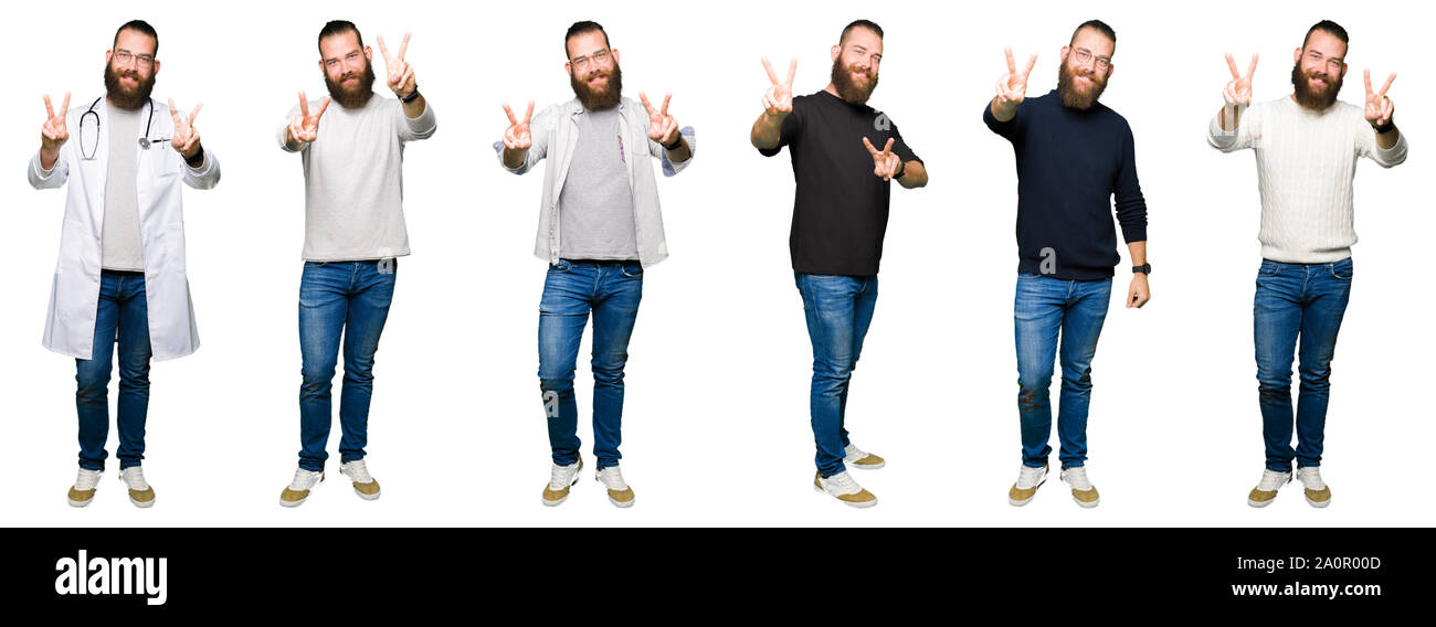 Collage of young man with bun over white isolated background smiling ...