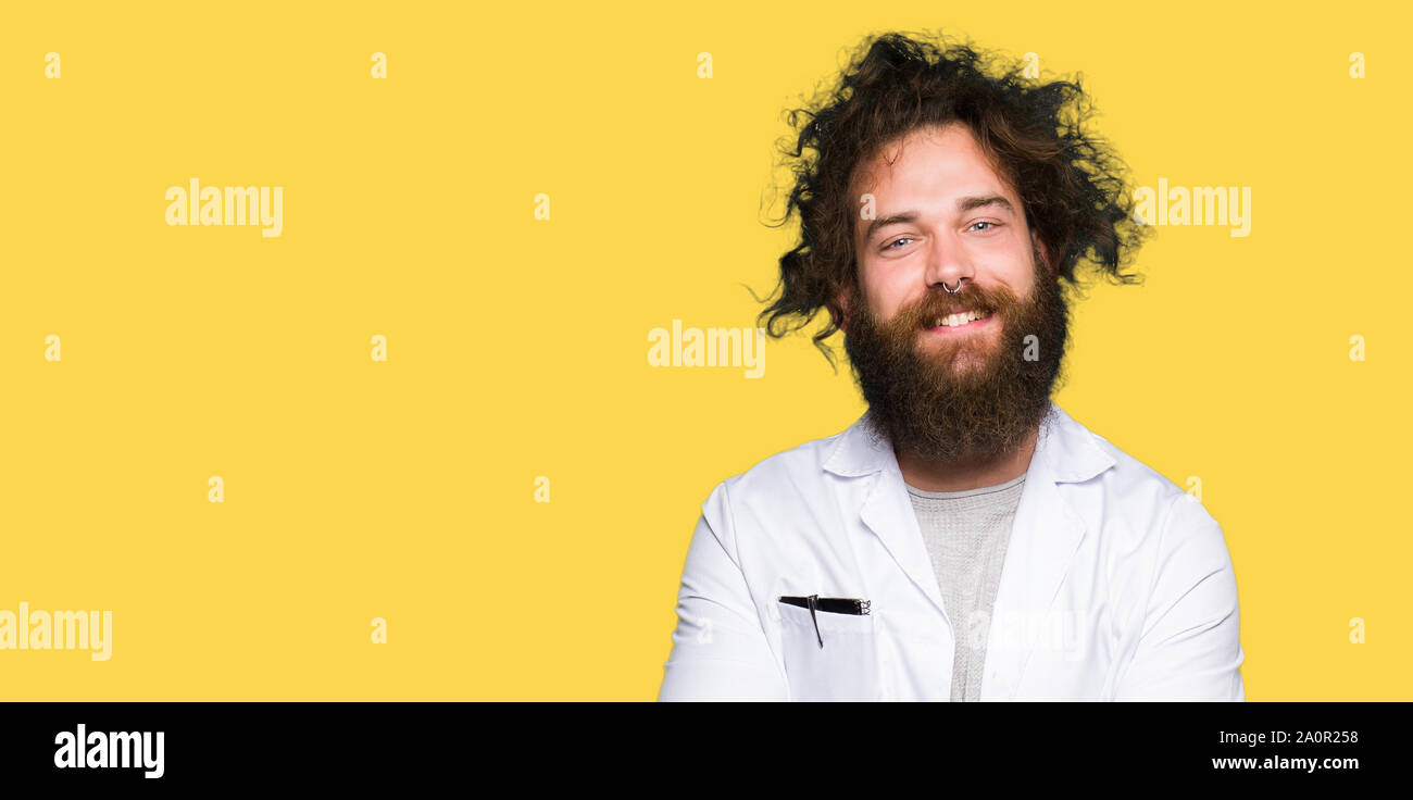 Crazy scientist with funny long hair happy face smiling with crossed ...