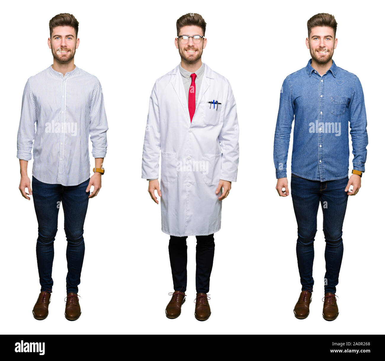 Collage of handsome young professional man over white isolated ...