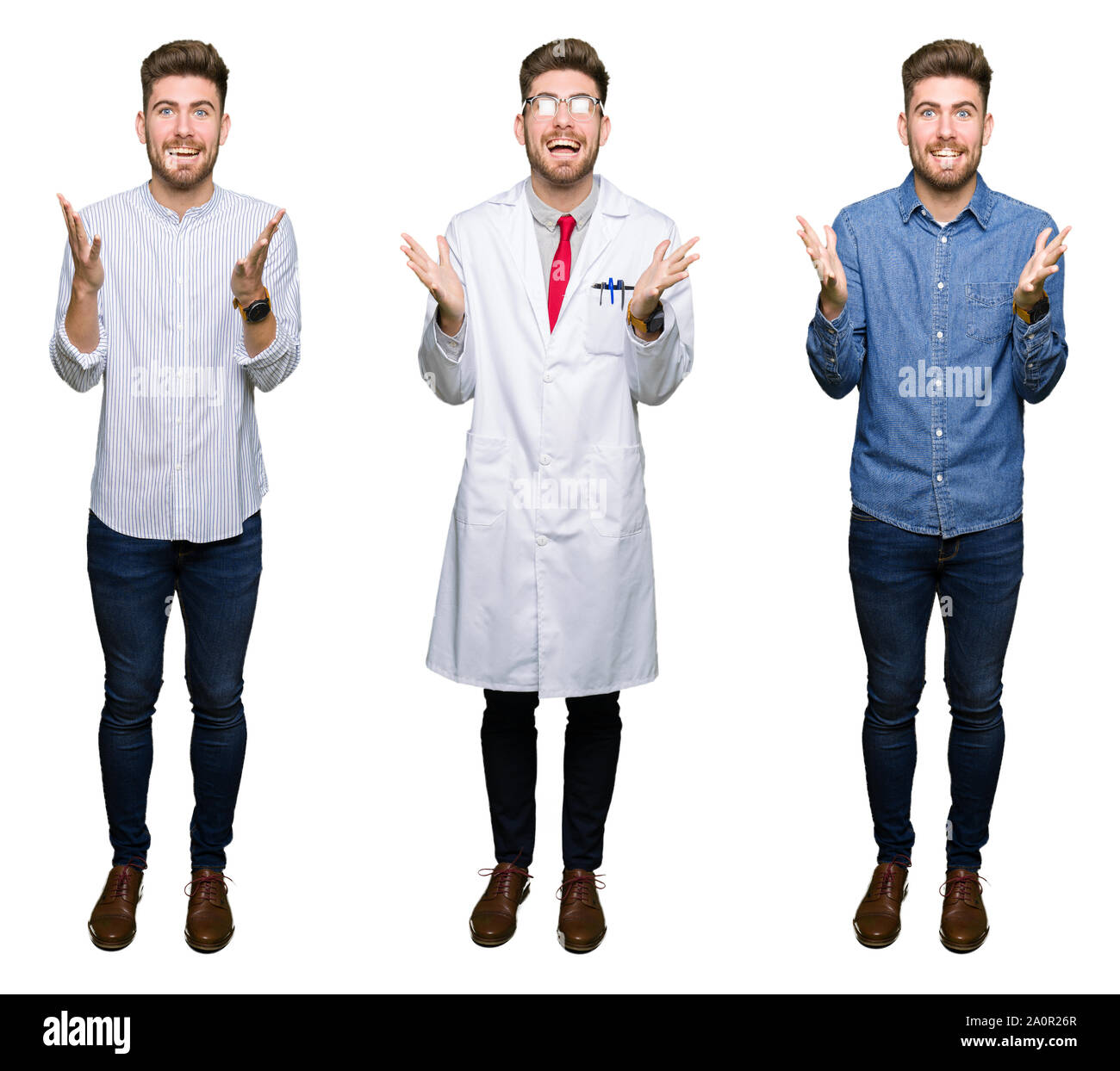 Collage of handsome young professional man over white isolated ...