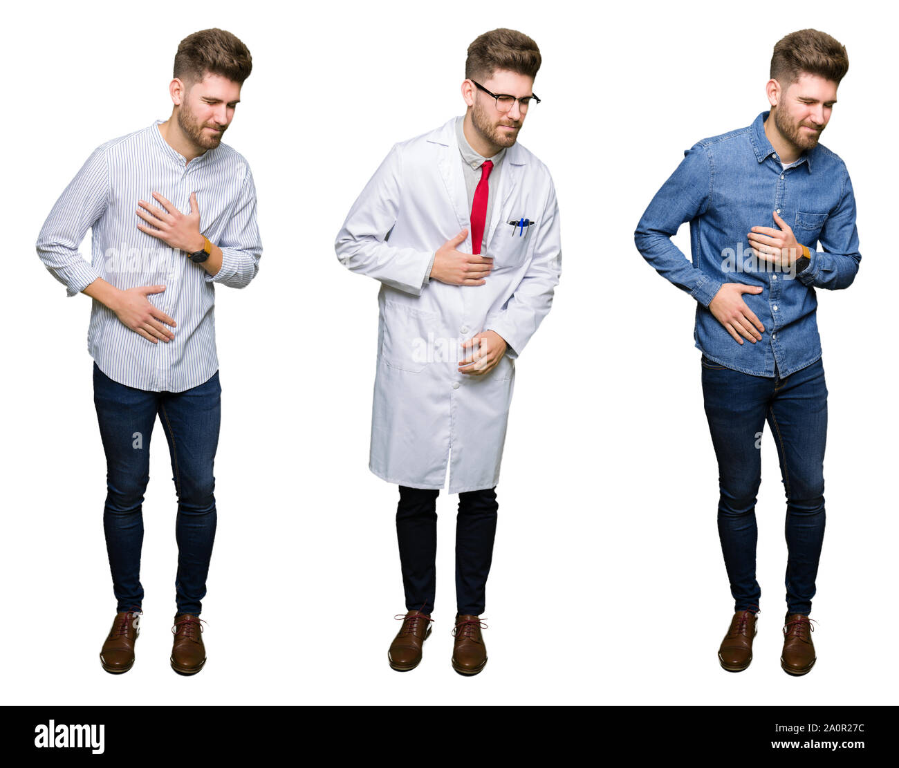 Collage of handsome young professional man over white isolated ...