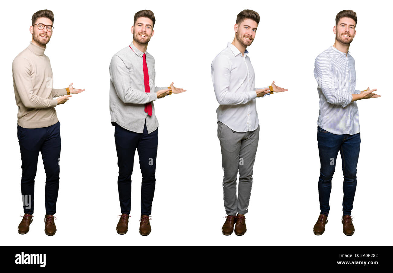 Collage of handsome young business man over white isolated background ...