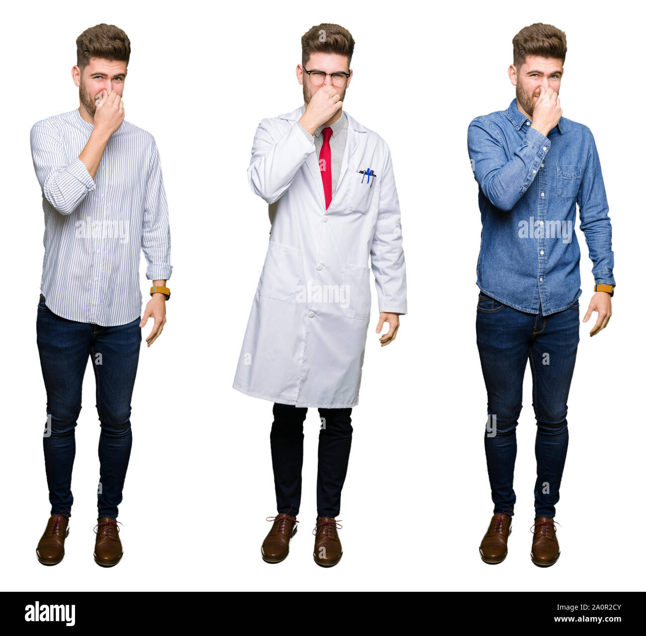 Collage of handsome young professional man over white isolated ...