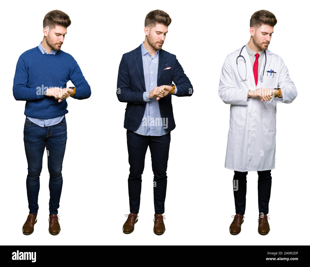 Collage of handsome young professional man over white isolated ...