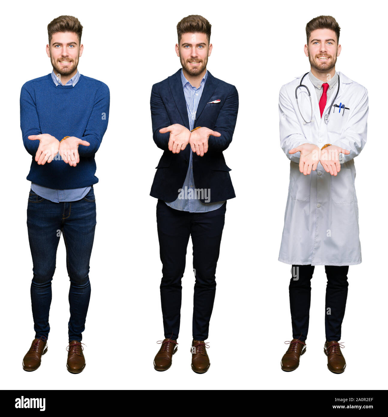 Collage of handsome young professional man over white isolated ...