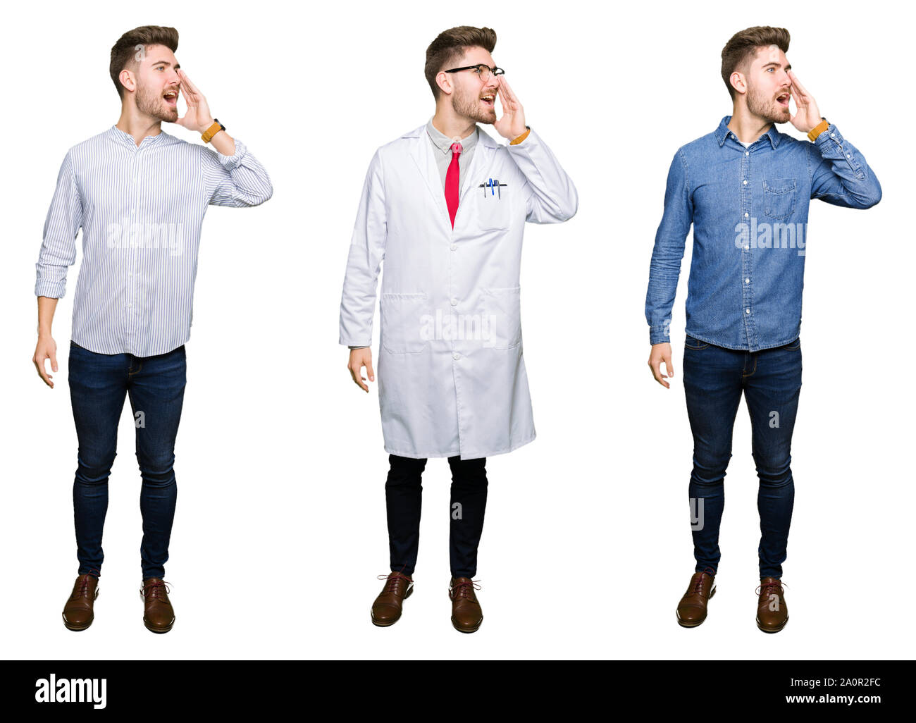Collage of handsome young professional man over white isolated ...