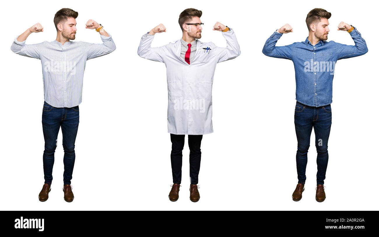 Collage of handsome young professional man over white isolated ...