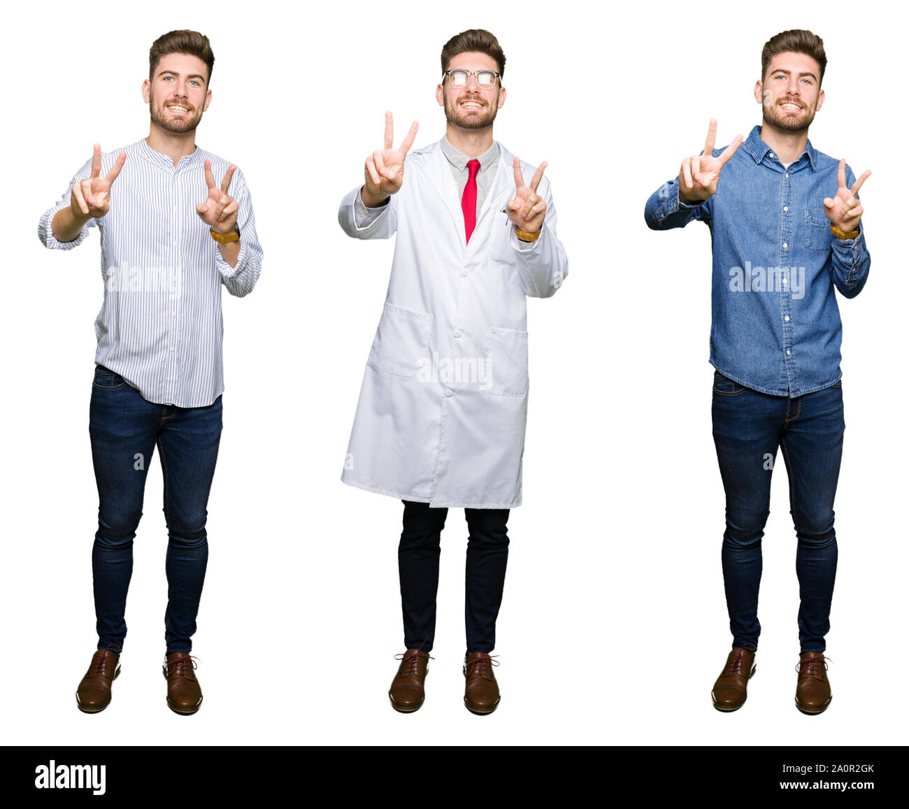 Collage of handsome young professional man over white isolated ...