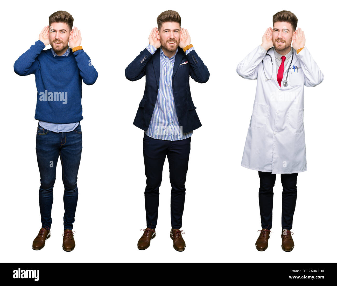 Collage of handsome young professional man over white isolated ...