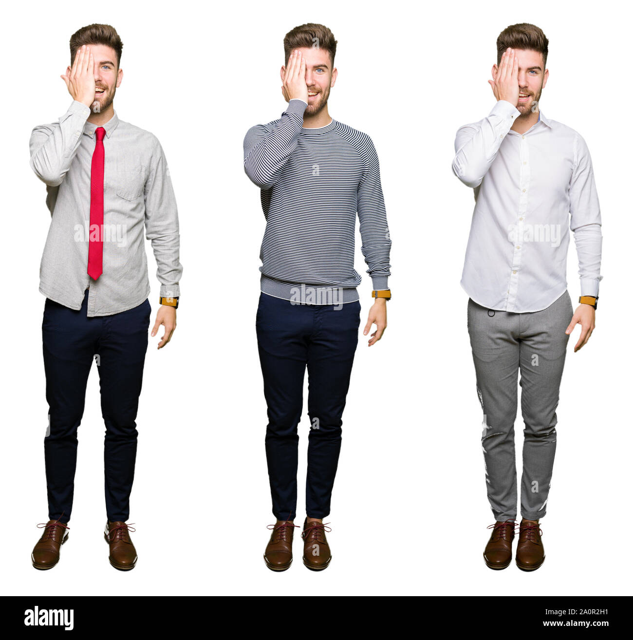 Collage of handsome young business man over white isolated background ...