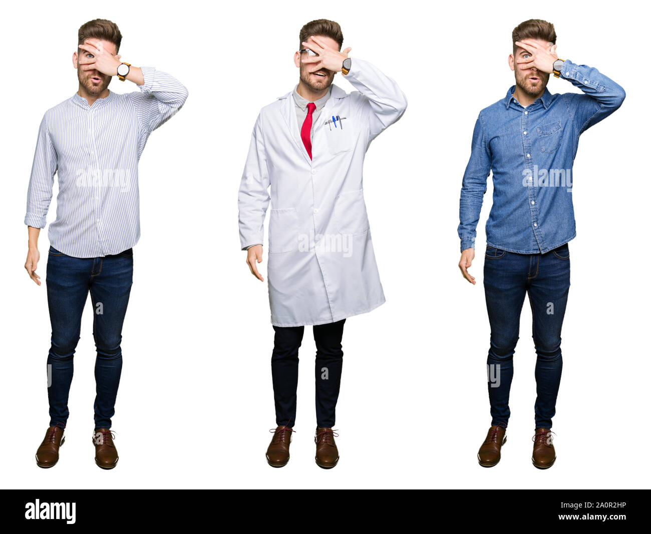 Collage of handsome young professional man over white isolated ...