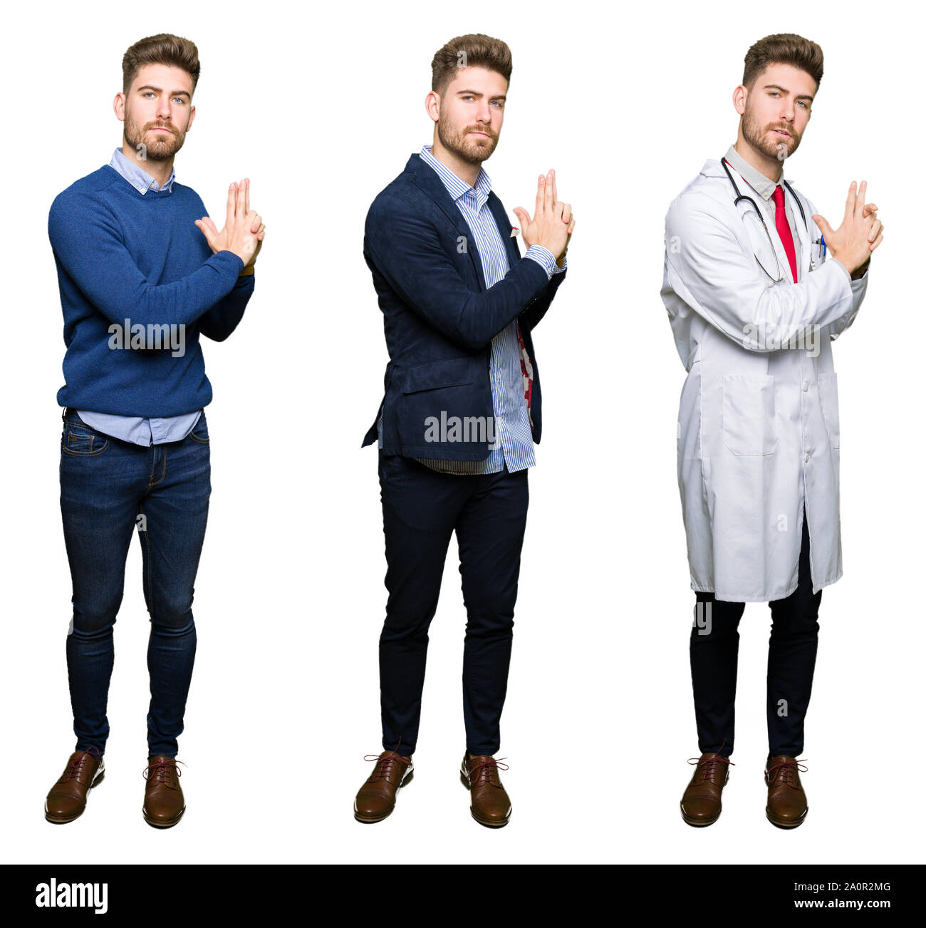 Collage of handsome young professional man over white isolated ...