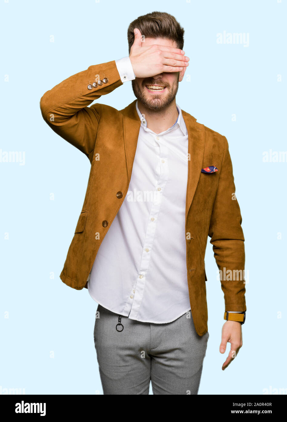 Young handsome business man wearing glasses smiling and laughing with ...