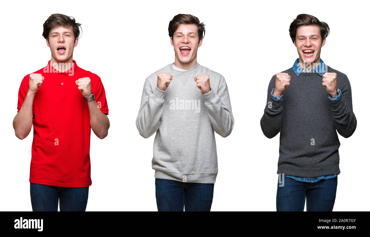 Collage of young man over white isolated background celebrating ...