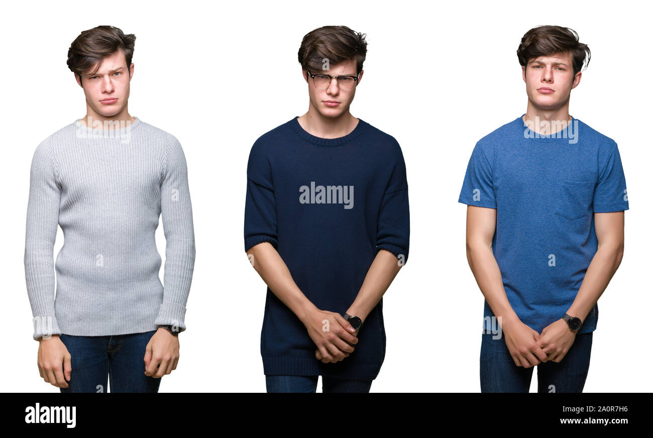 Collage of young man over white isolated background skeptic and nervous ...