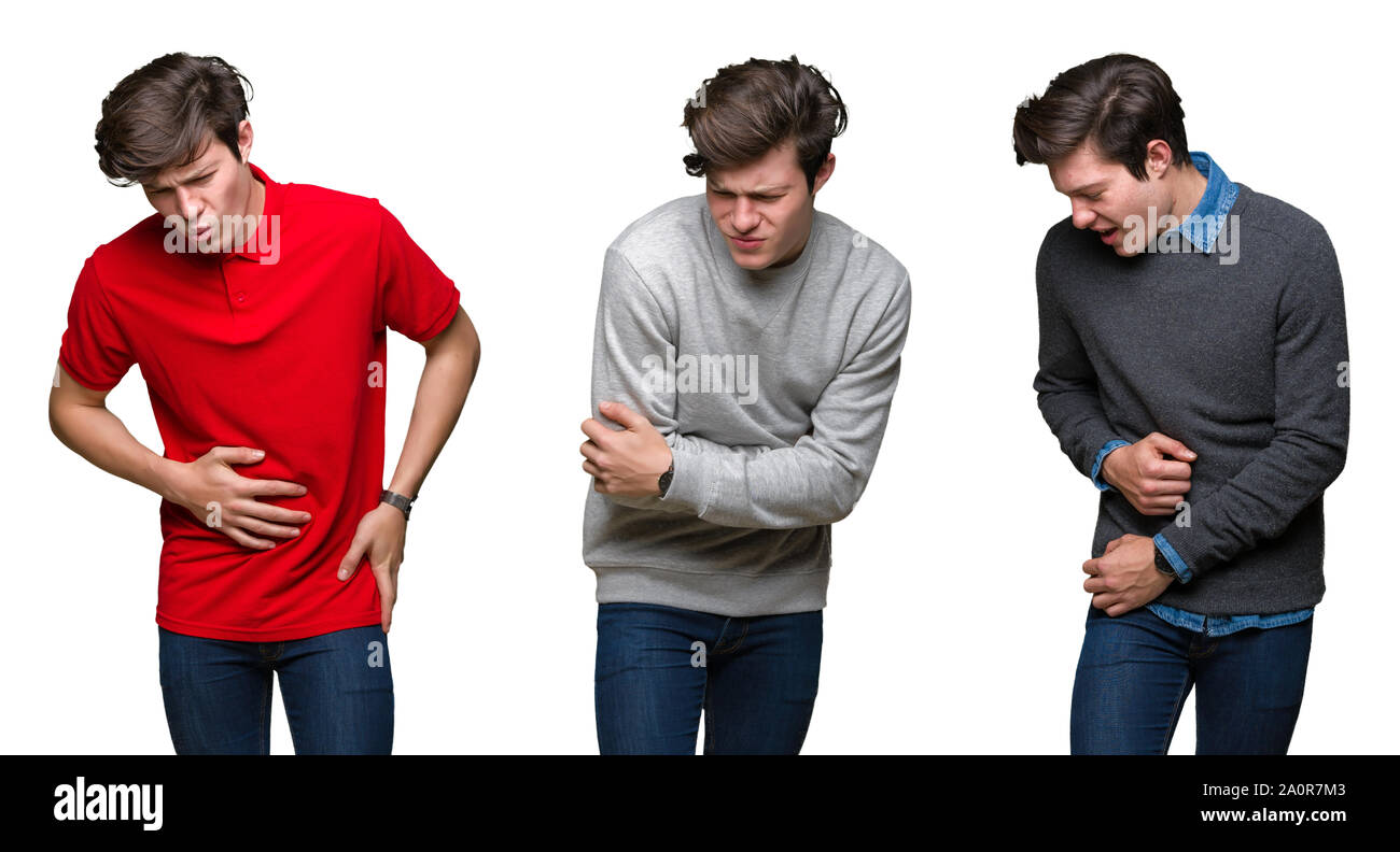 Collage of young man over white isolated background with hand on ...