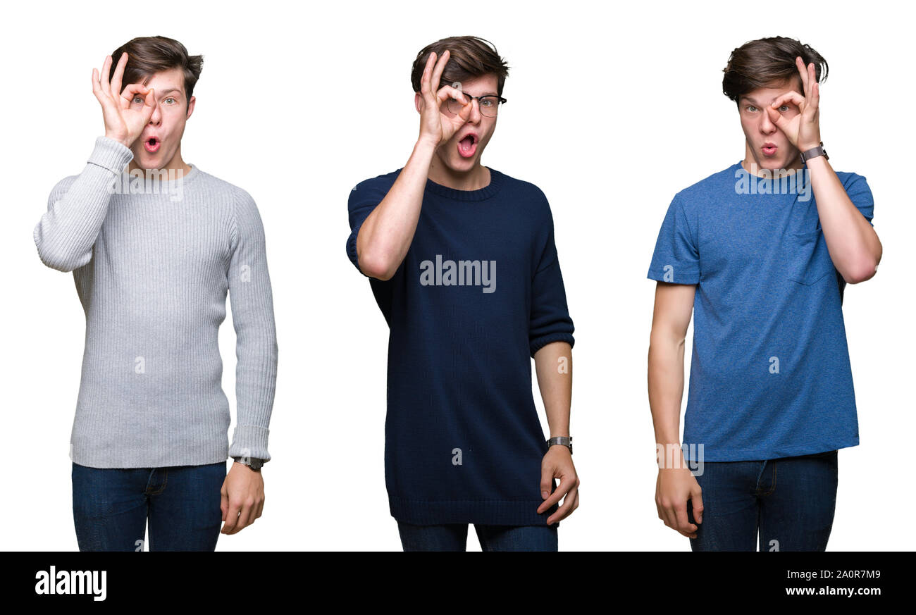 Collage of young man over white isolated background doing ok gesture ...