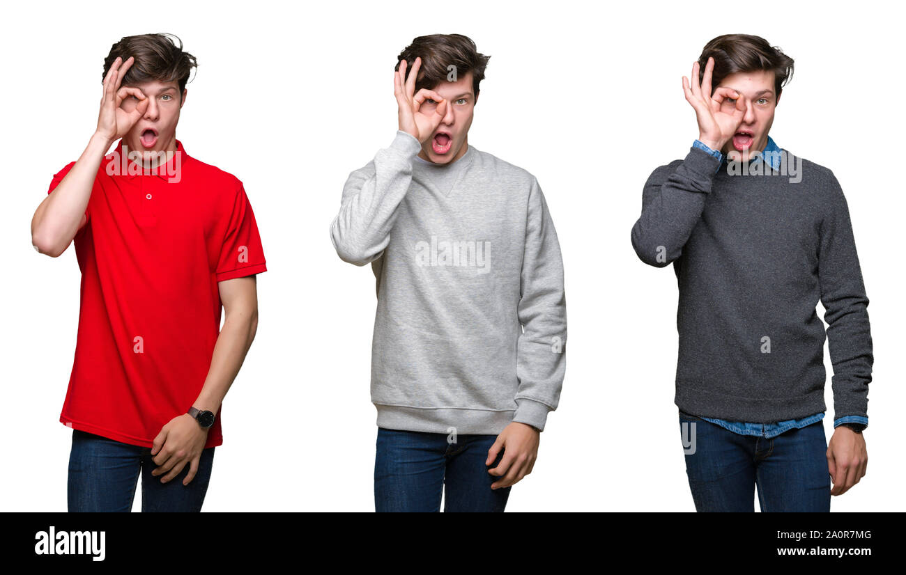 Collage of young man over white isolated background doing ok gesture ...