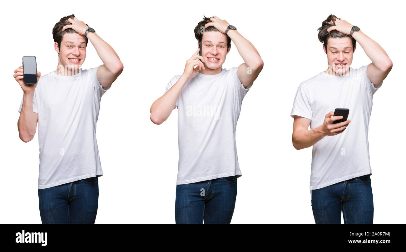 Collage of young man using smartphone over white isolated background ...