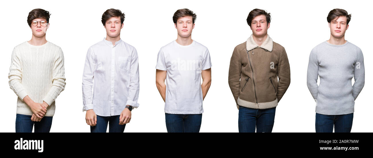 Collage of young man over white isolated background Relaxed with ...