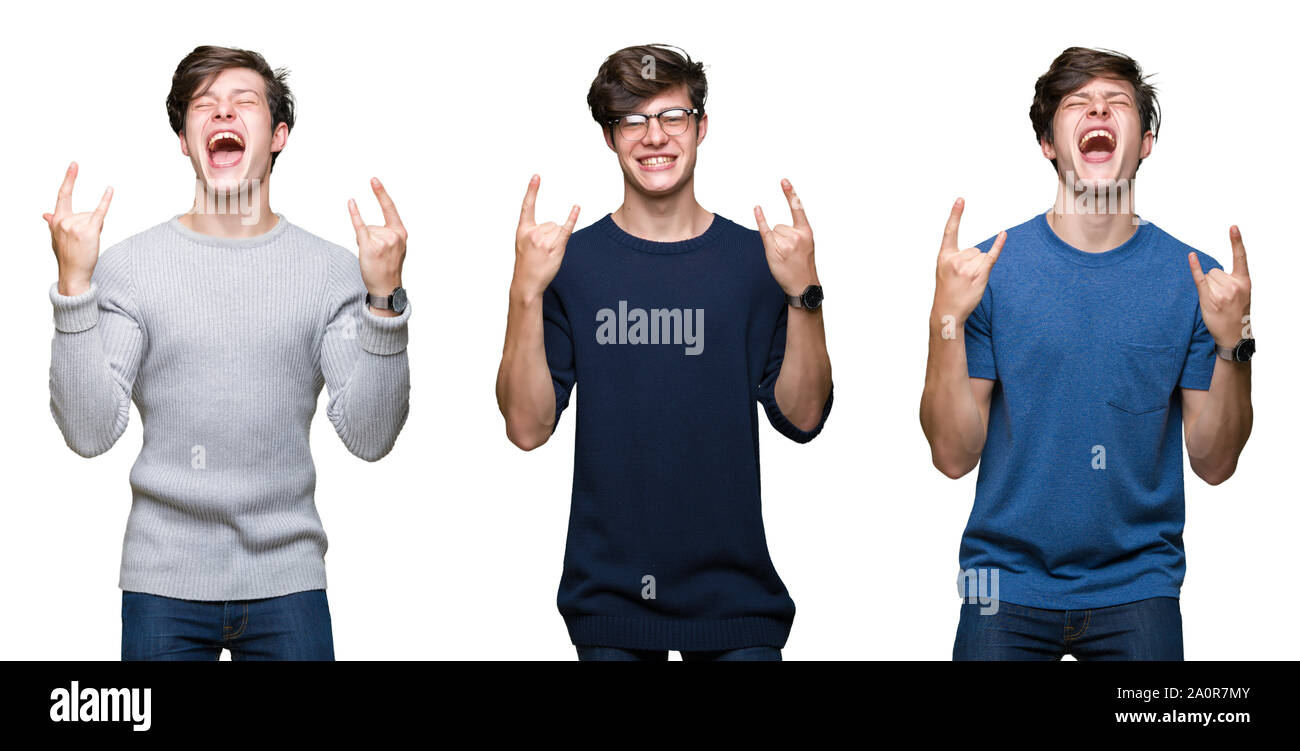 Collage of young man over white isolated background shouting with crazy ...