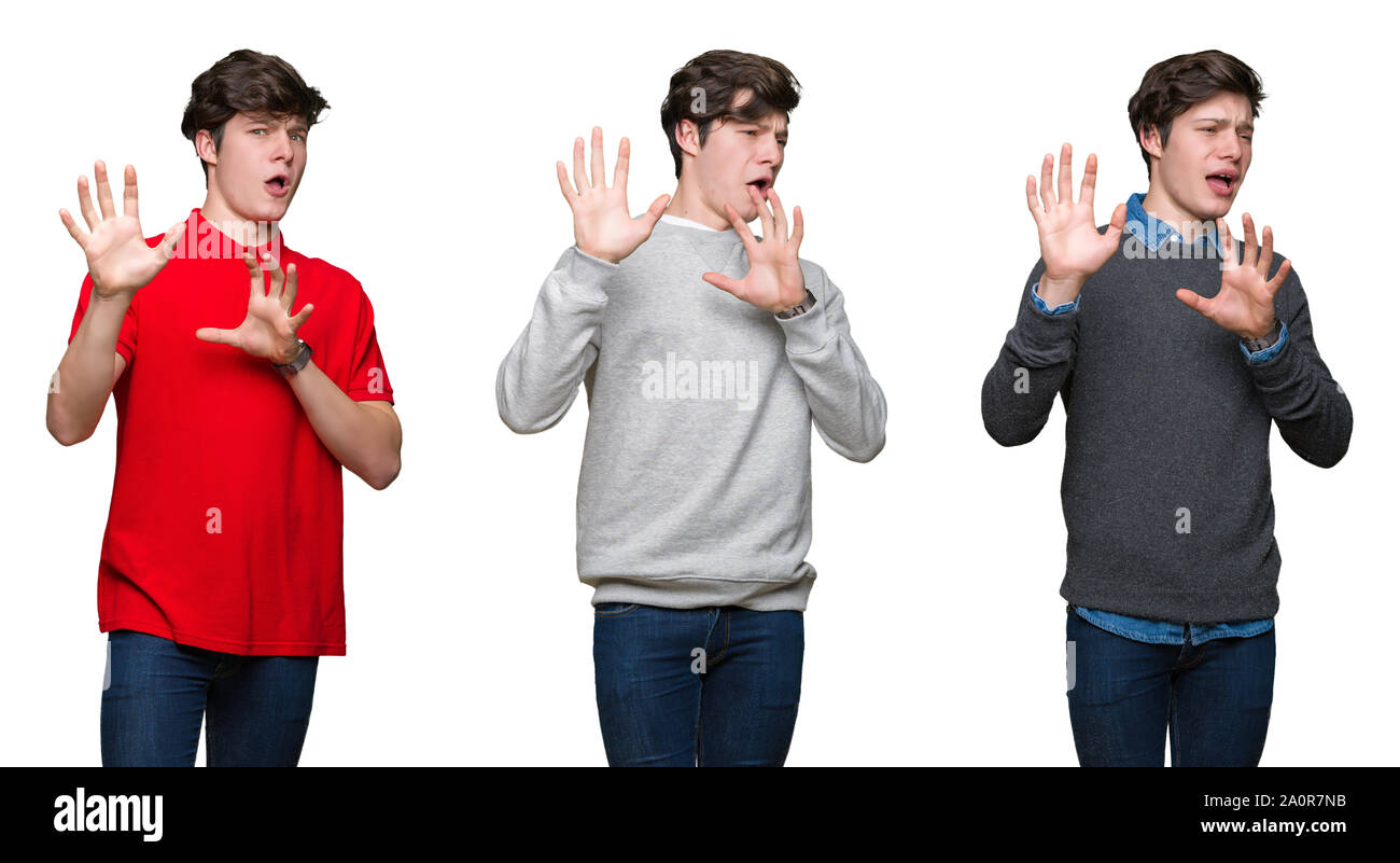 Collage of young man over white isolated background afraid and ...
