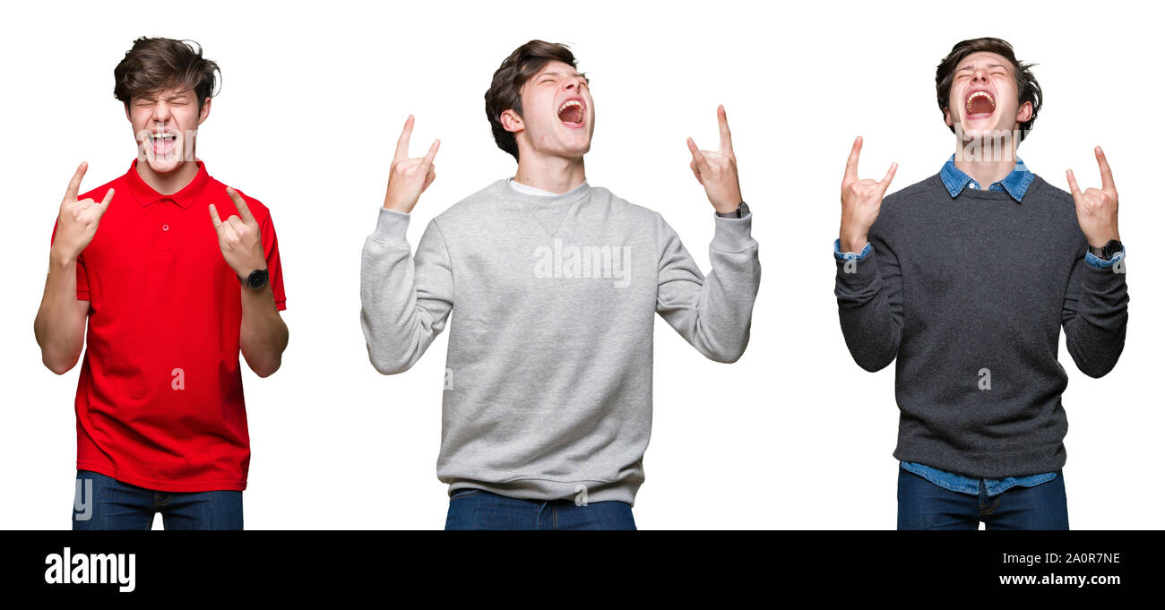 Collage of young man over white isolated background shouting with crazy ...
