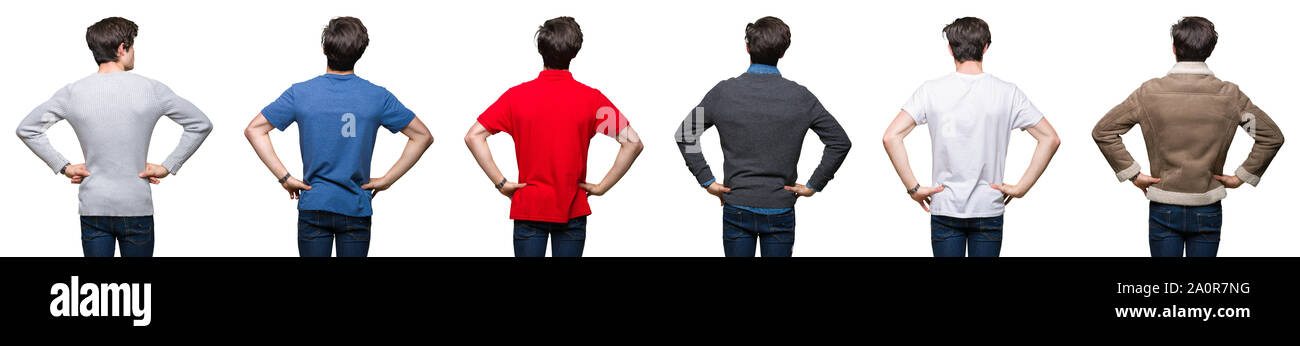 Collage of young man over white isolated background standing backwards ...