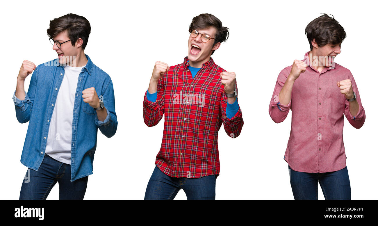 Collage of young man over white isolated background very happy and ...