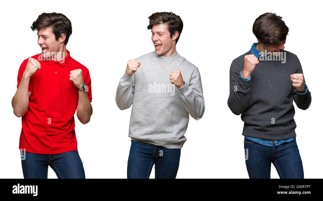 Collage of young man over white isolated background very happy and ...
