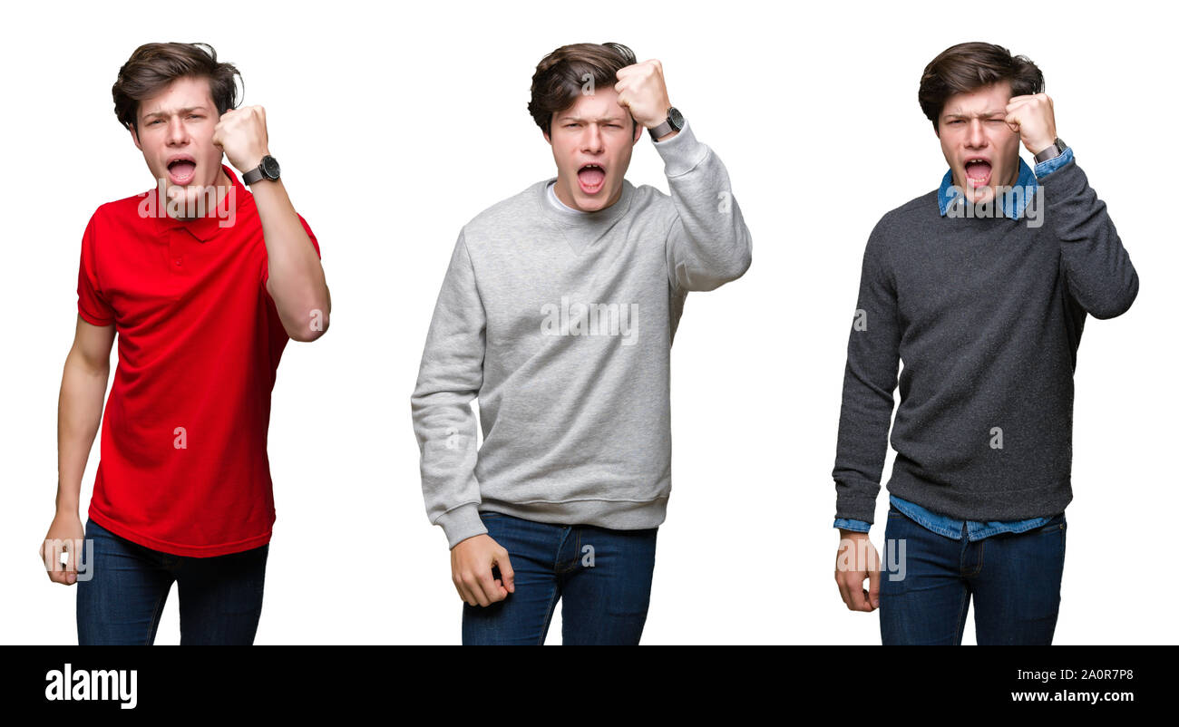 Collage of young man over white isolated background angry and mad ...