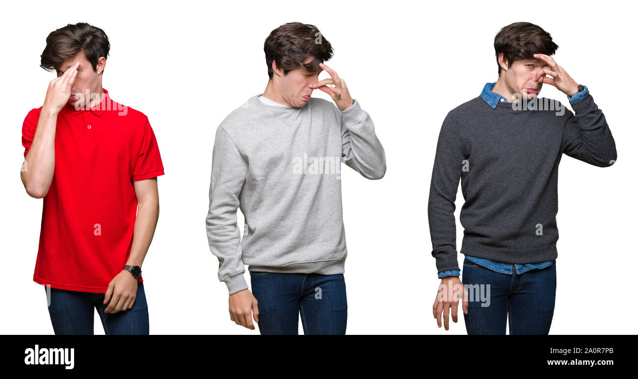 Collage of young man over white isolated background smelling something ...