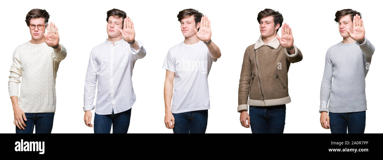 Collage of young man over white isolated background doing stop sing ...