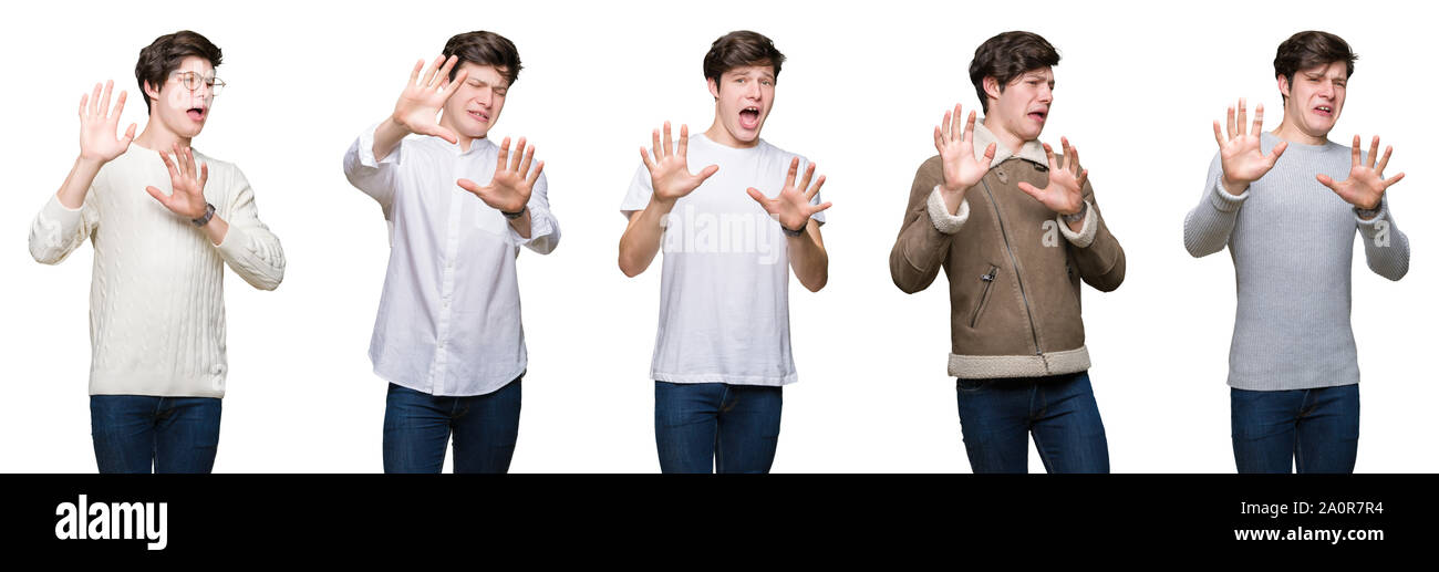 Collage of young man over white isolated background afraid and ...