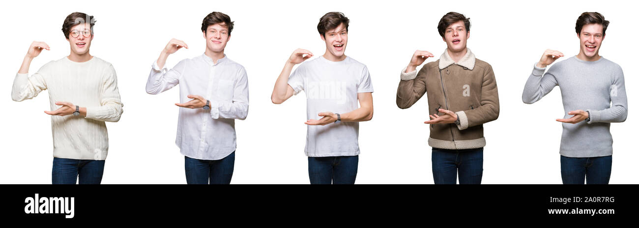 Collage of young man over white isolated background gesturing with ...